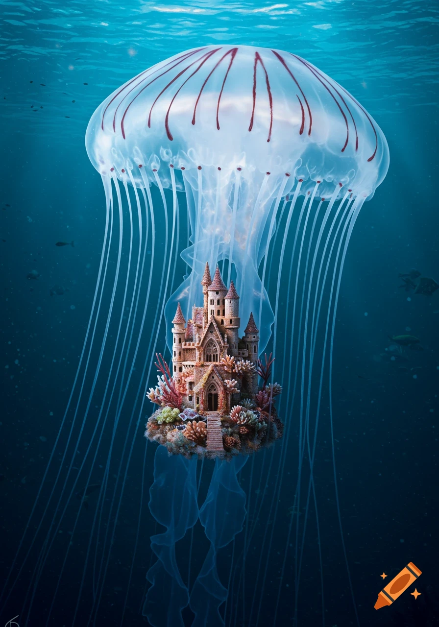 A large jellyfish floats underwater with a detailed fantasy castle nestled among coral inside ...