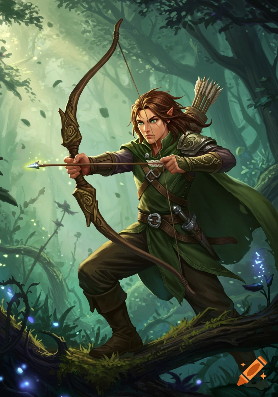 Fantasy illustration of an elf archer drawing a bow in a forest. on Craiyon