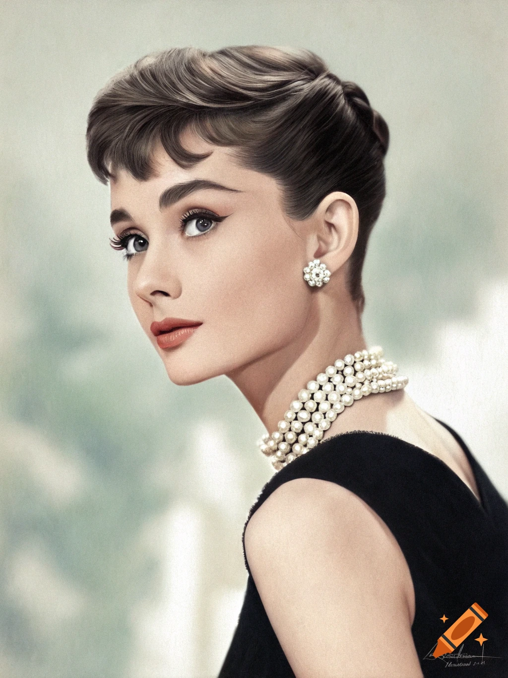 A close-up portrait of a woman resembling Audrey Hepburn wearing pearls and a black dress. on ...