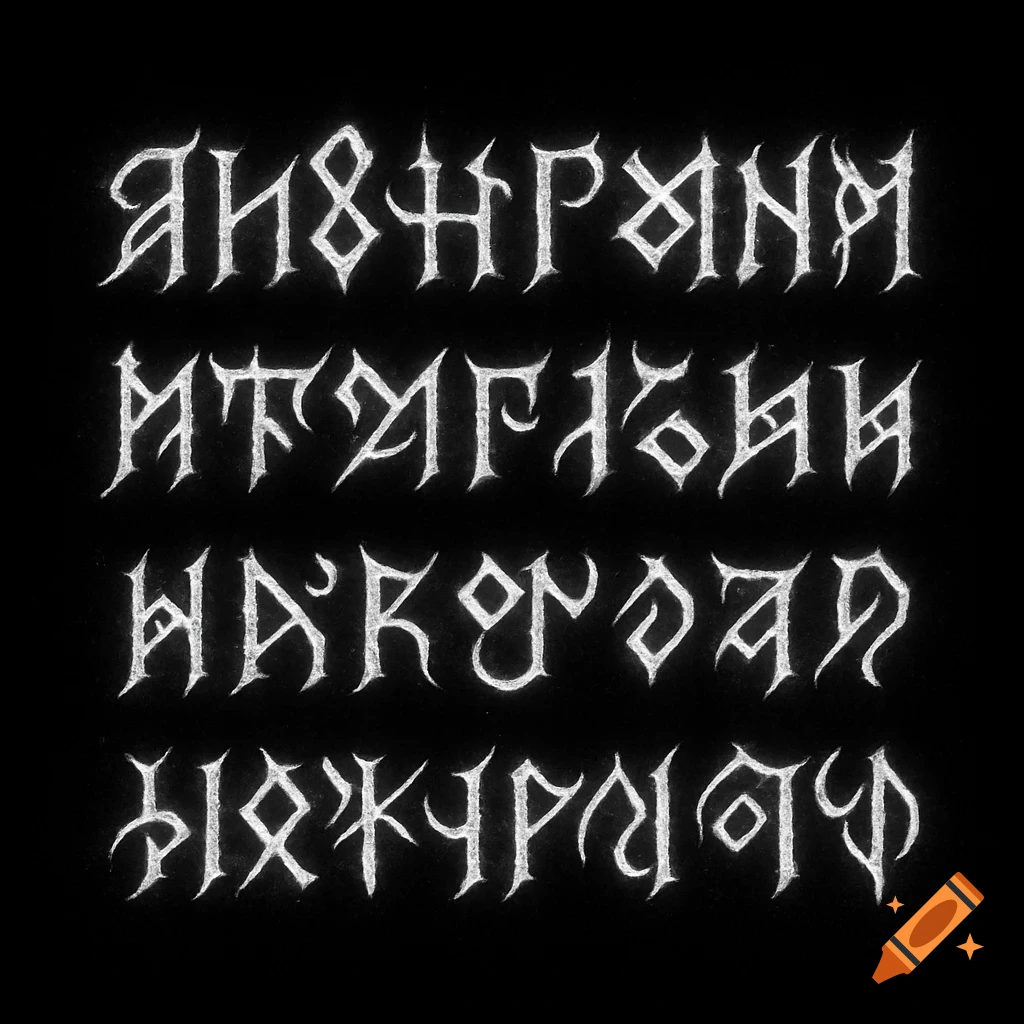 White stylized symbols of an ancient script on a black background on ...