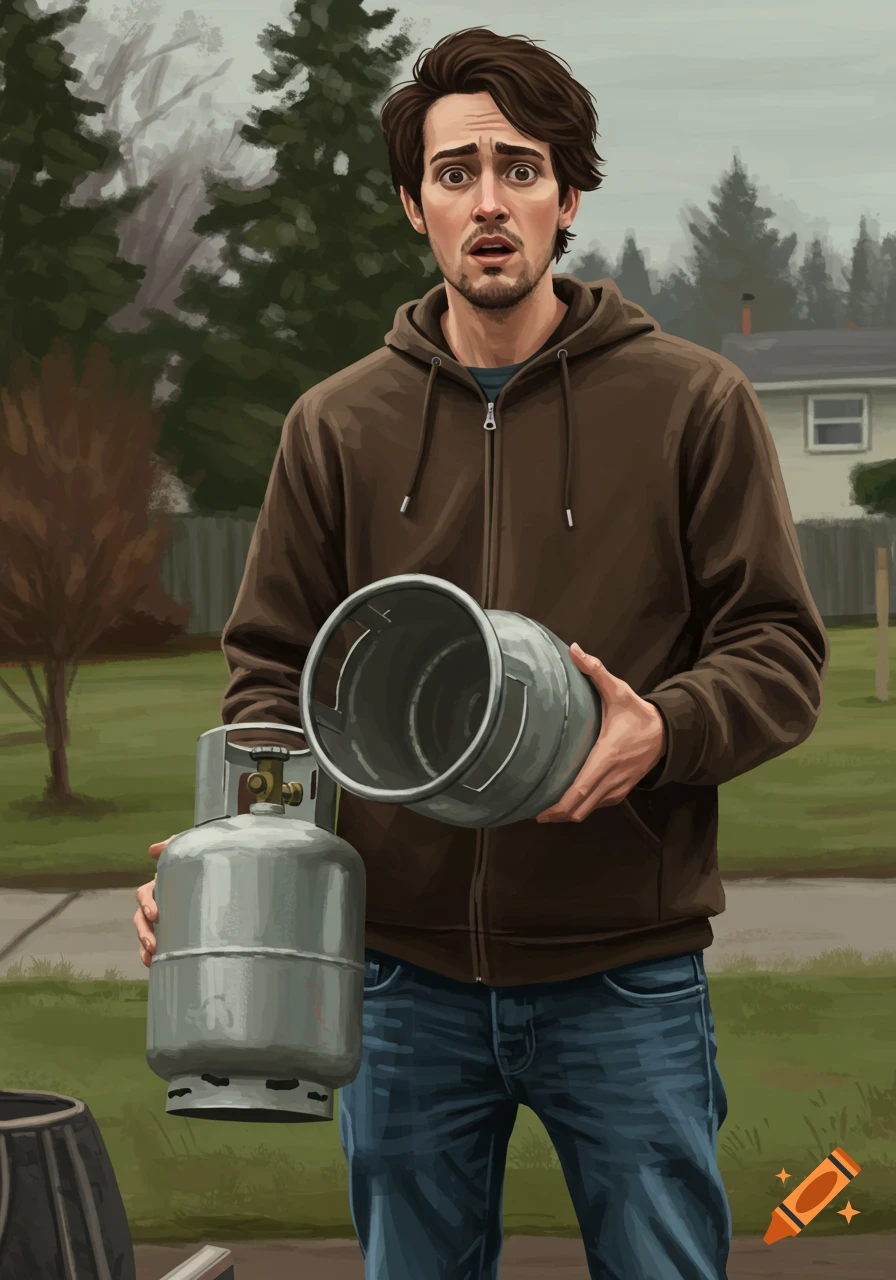 A surprised man in a brown hoodie holds a full and an empty propane ...