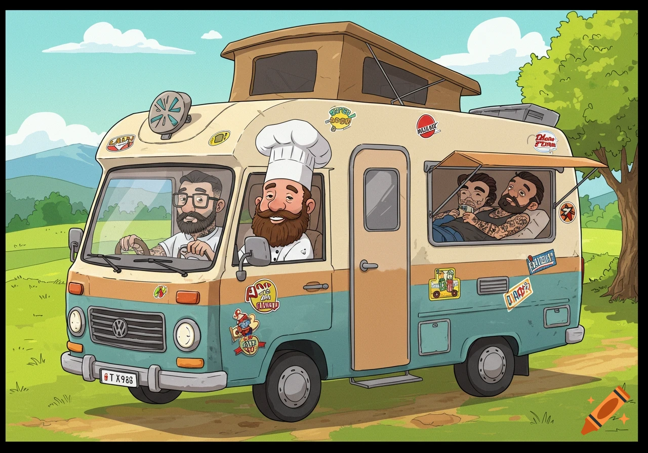 Cartoon camper van with a chef driver, passengers, and stickers, in an ...
