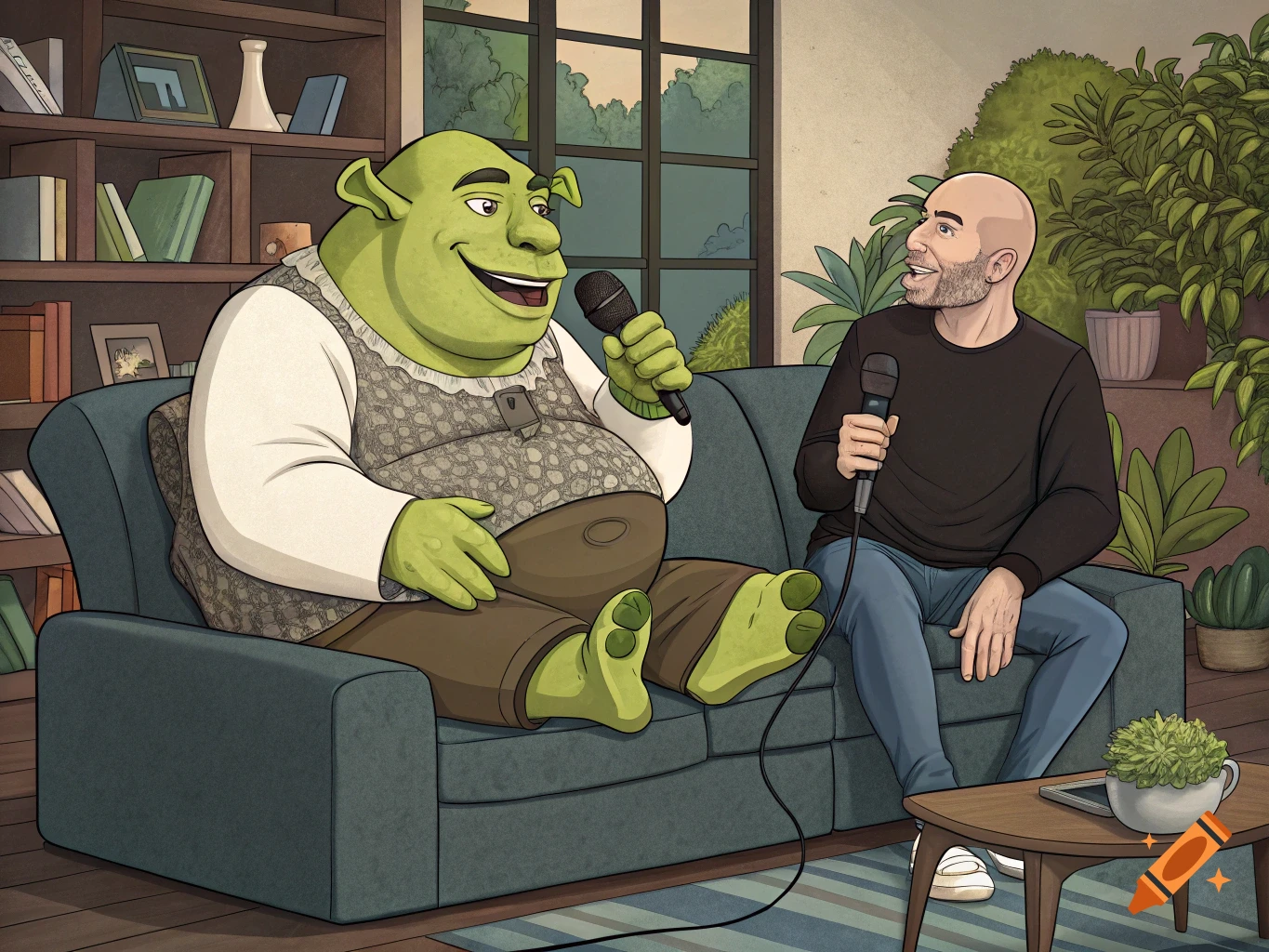 Cartoon illustration of Shrek and Joe Rogan sitting on a couch with ...