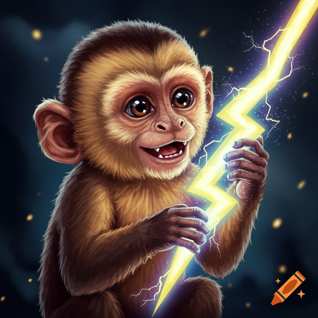 A cute cartoon monkey holds a glowing yellow lightning bolt. on Craiyon