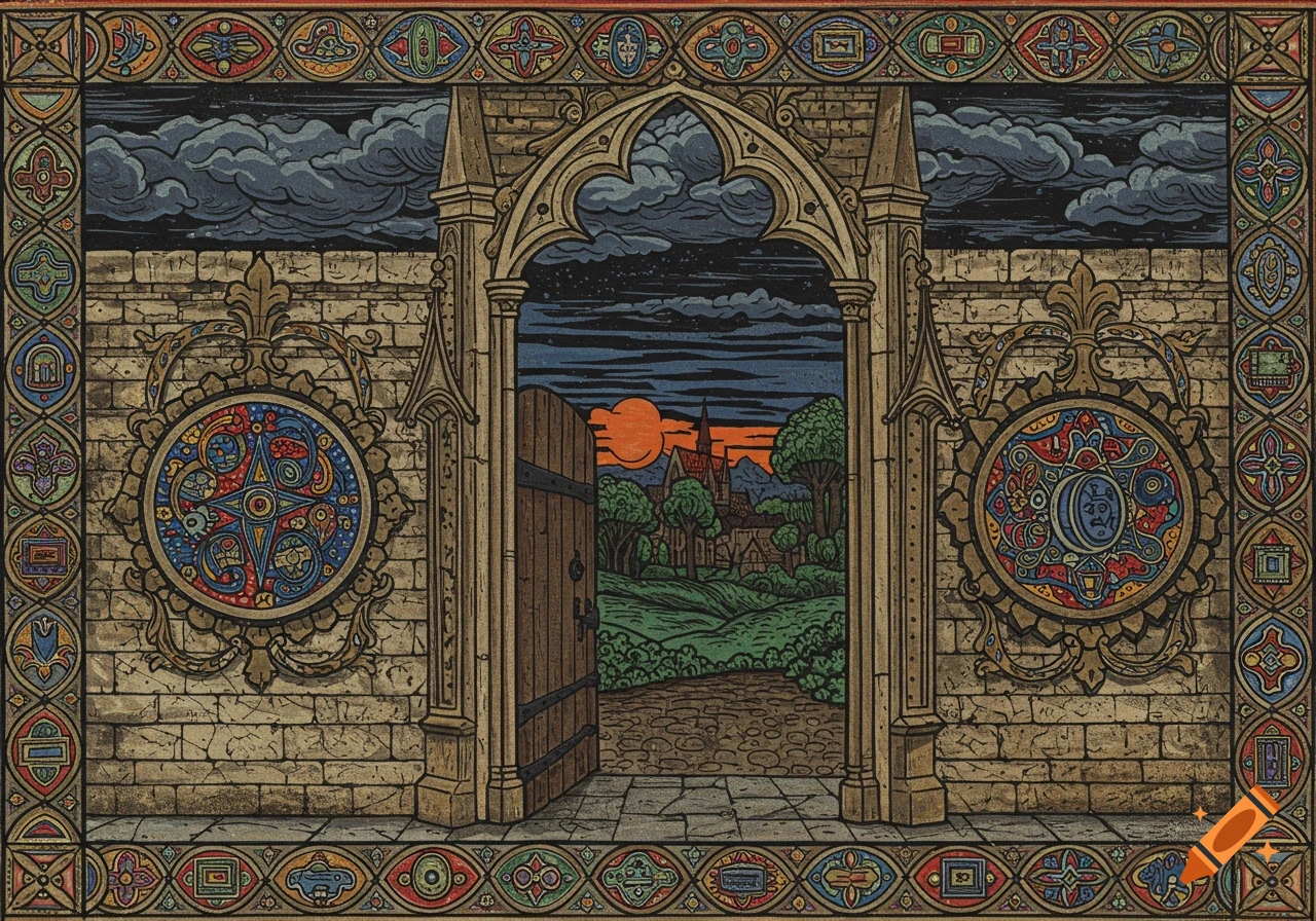 Medieval archway with ornate border opens to a landscape with village ...