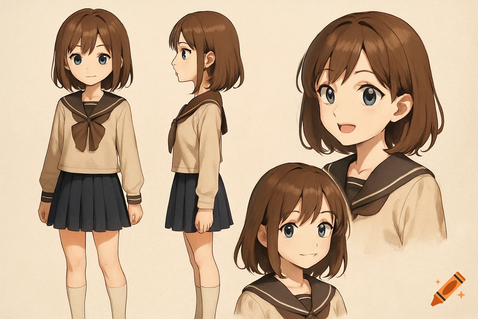 Anime girl school uniform character reference sheet on Craiyon