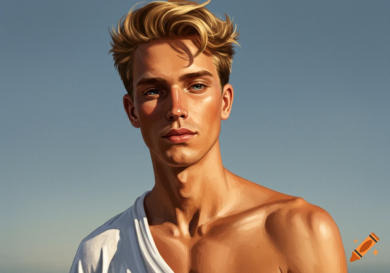 Stylized portrait of a tan, blonde male against a blue sky on Craiyon