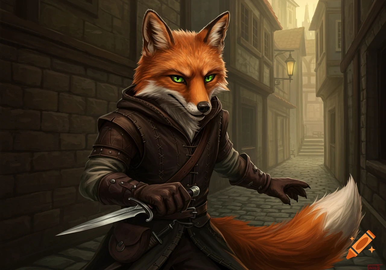 A fantasy illustration of an anthropomorphic fox rogue in leather armor ...
