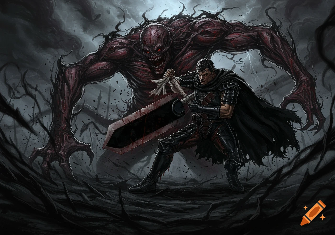 Dark fantasy illustration of a warrior with a huge sword fighting a ...