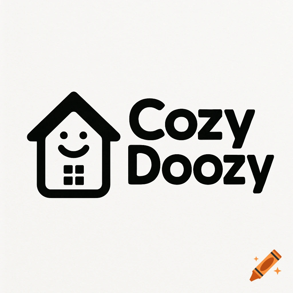 Black and white logo with a house icon featuring a smiley face and the ...