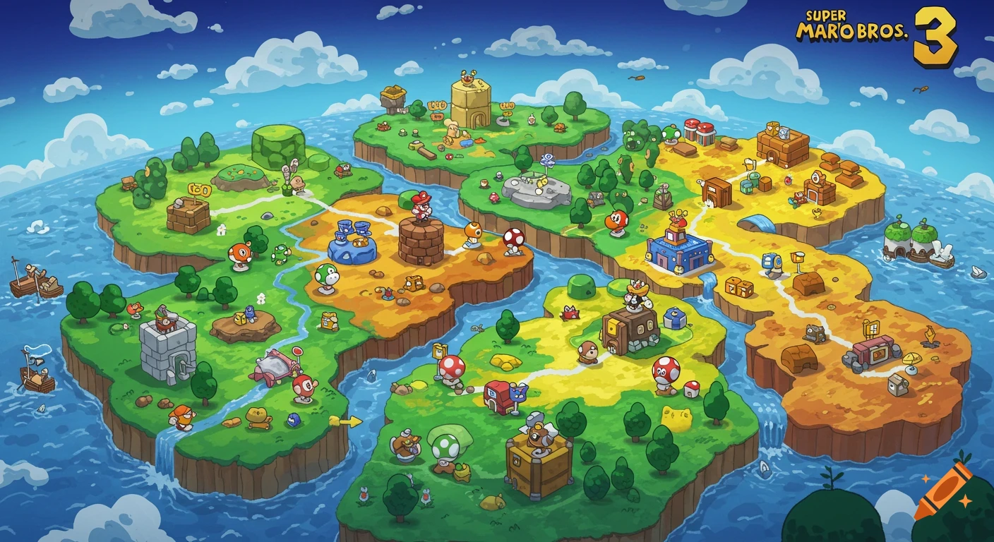 A colorful cartoon map of islands in water with characters and levels ...