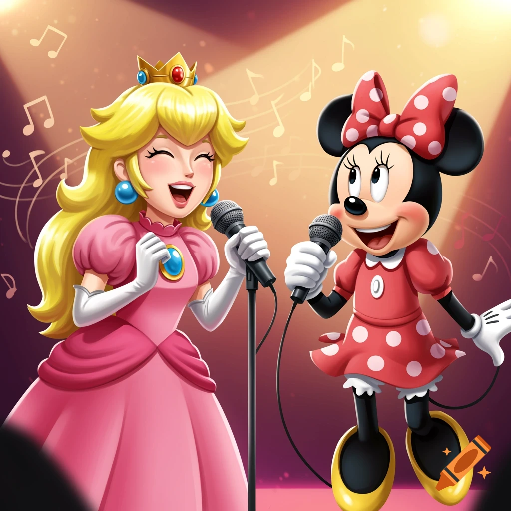 Princess Peach and Minnie Mouse singing into microphones on a stage ...