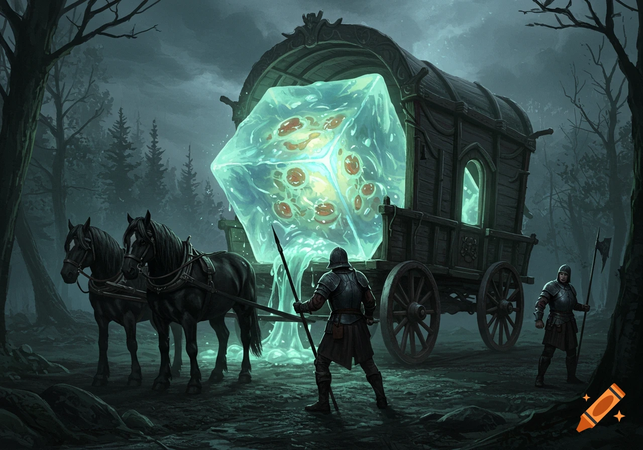 Medieval guards and horses pull a wagon carrying a glowing gelatinous ...