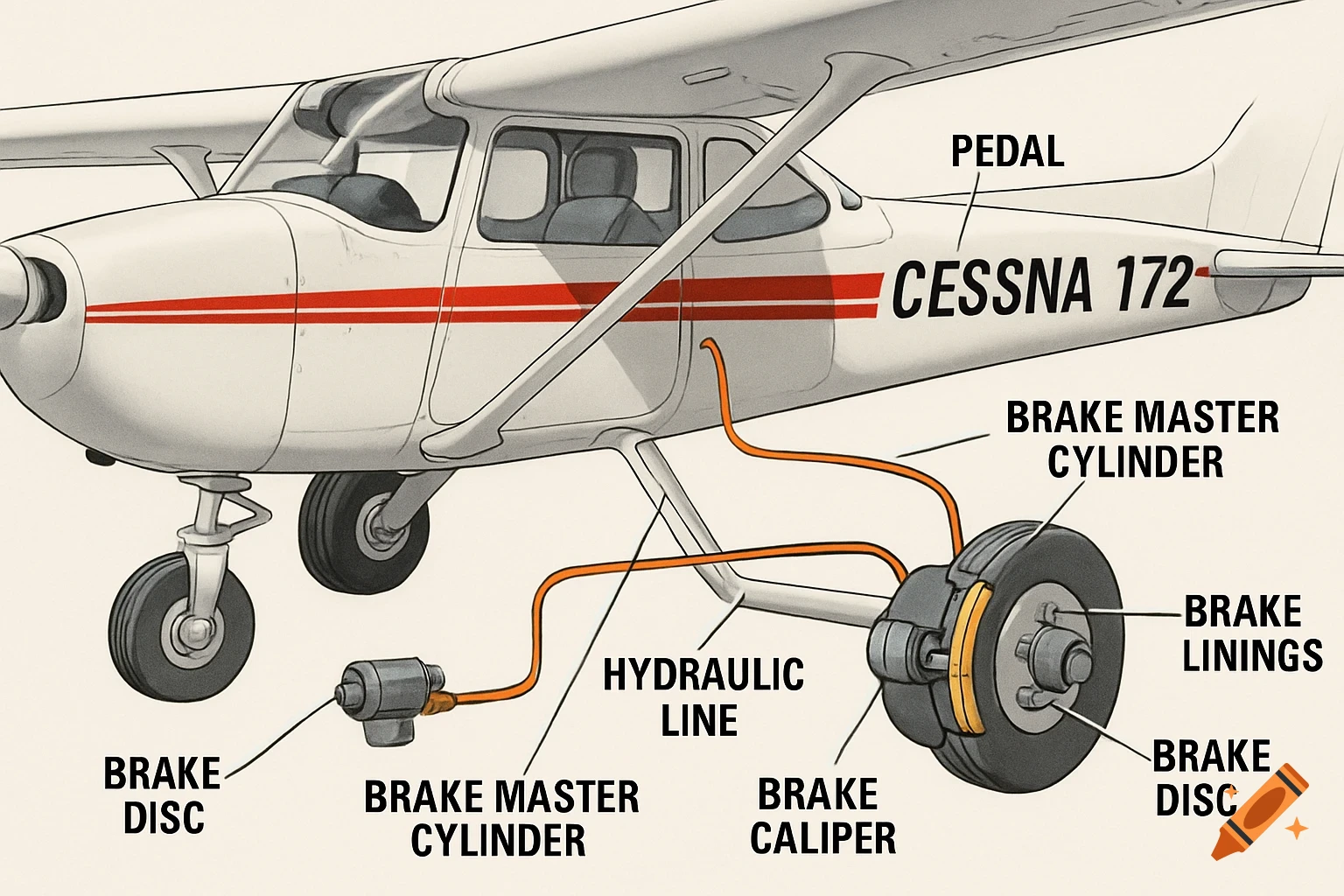Illustration of a Cessna 172 brake system with labels for components ...