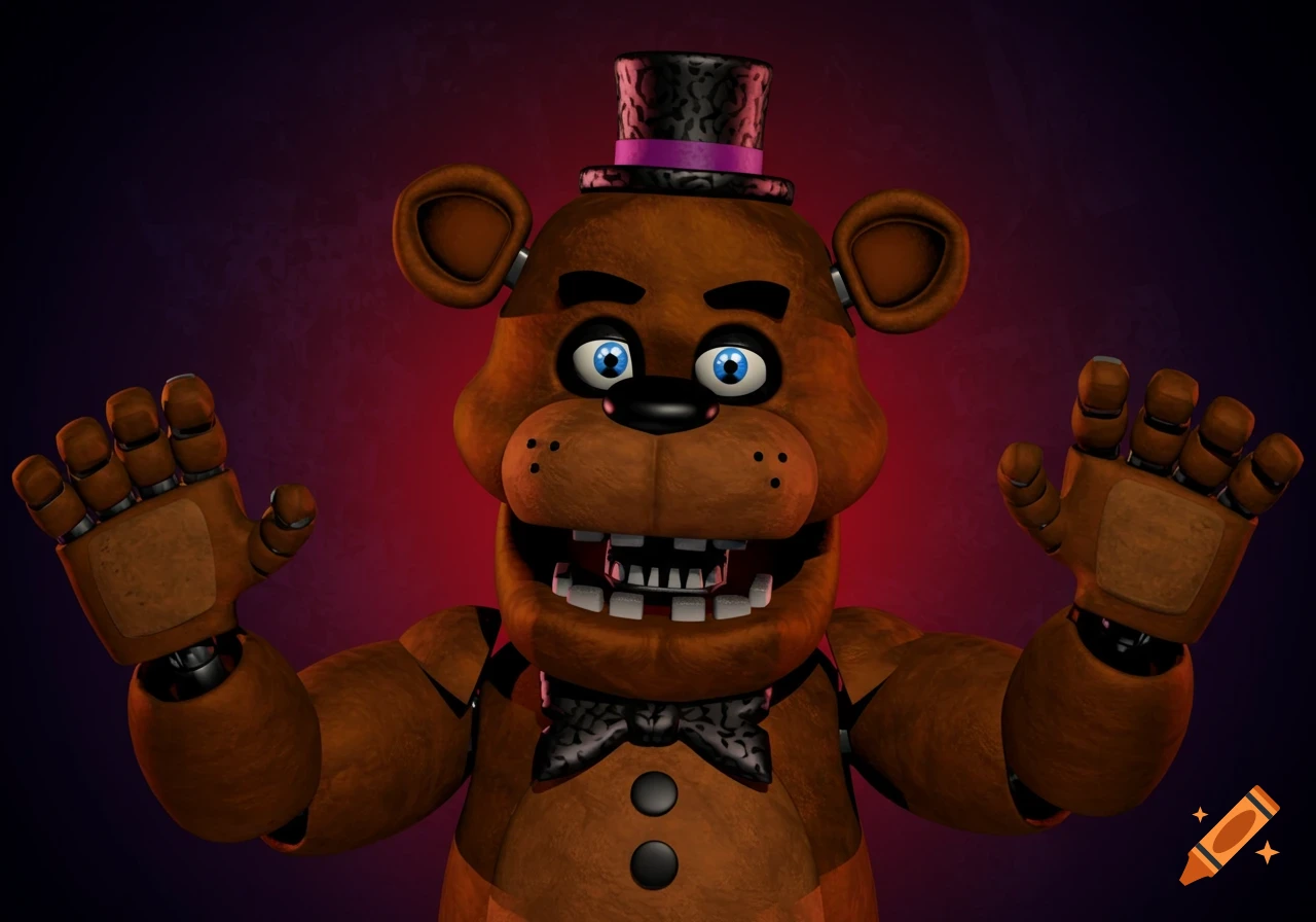 Freddy Fazbear smiling widely with arms raised, wearing his hat and ...