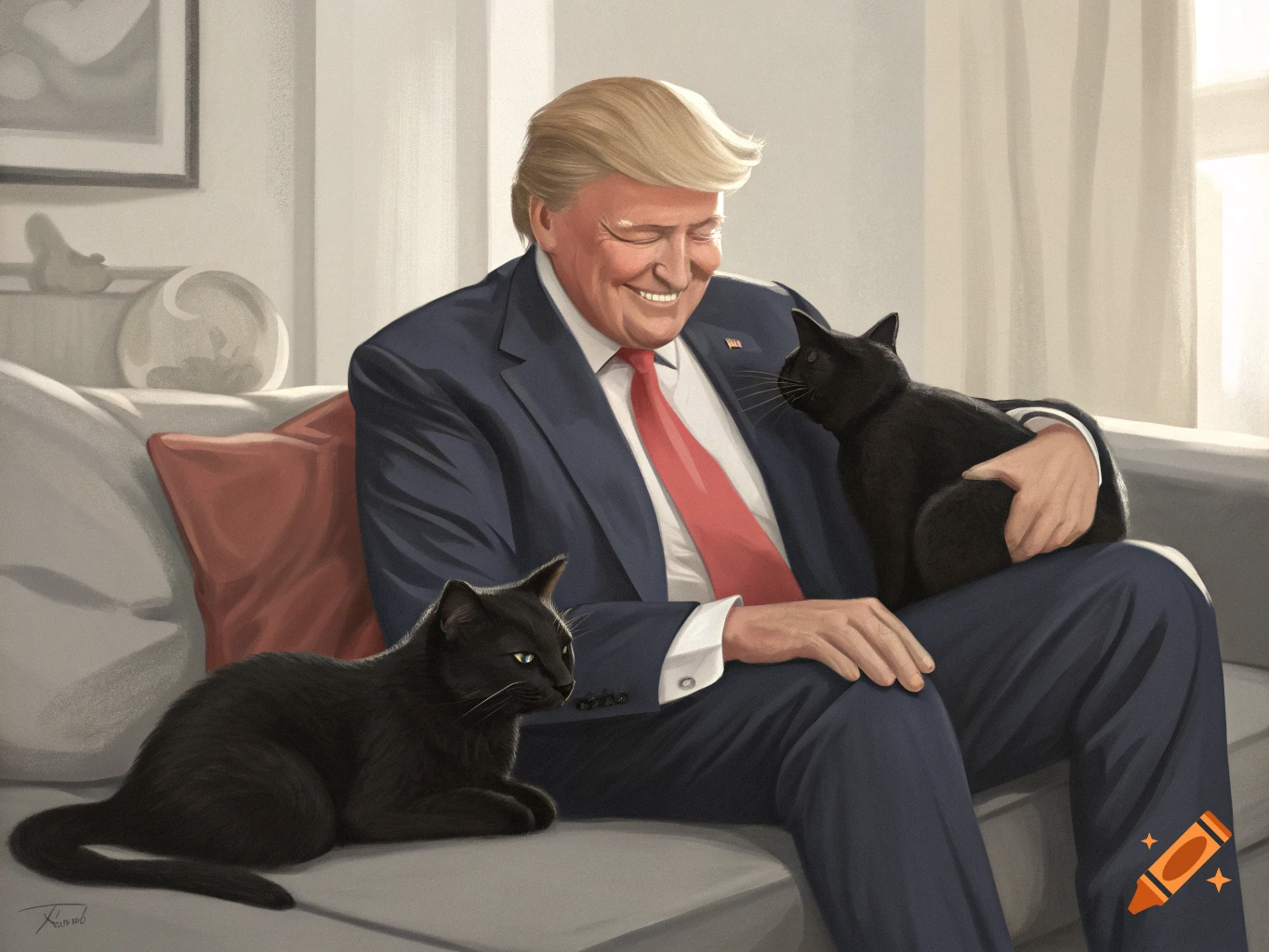 Digital painting of Donald Trump sitting on a couch with two black cats ...