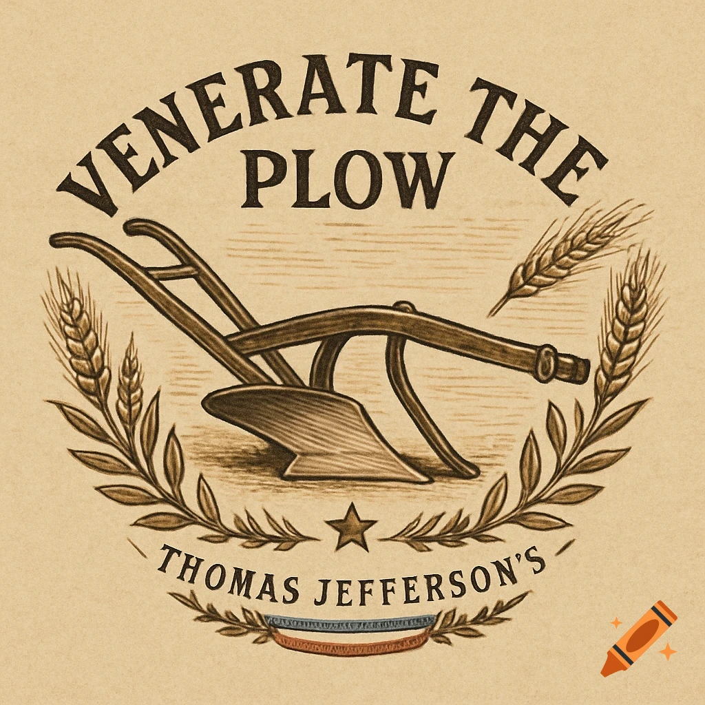 Vintage logo with a plow, wheat, and laurel branches. Text reads 'Venerate the Plow Thomas ...
