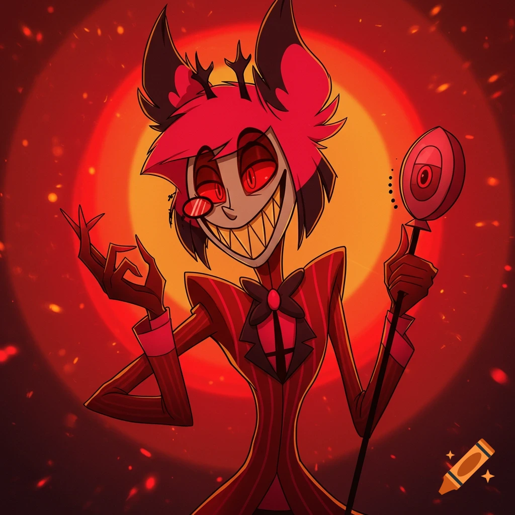Alastor from Hazbin Hotel in a red suit holding a microphone staff ...