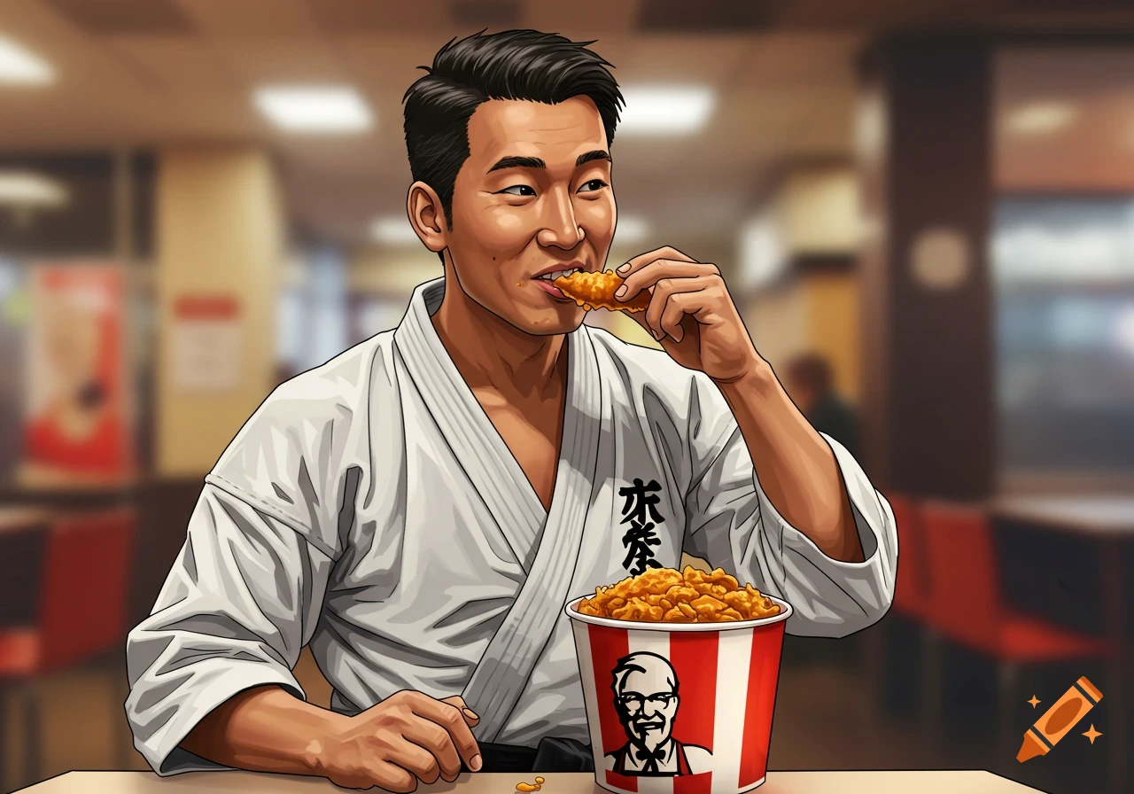 Illustration of a man in a karate gi eating fried chicken from a KFC bucket. on Craiyon