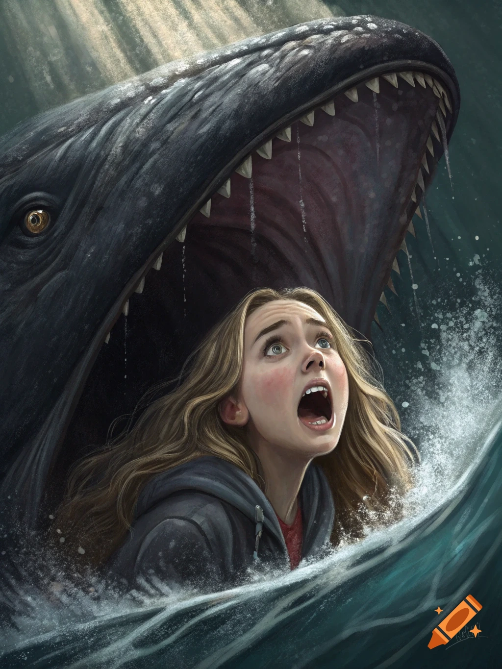A young woman screams in terror as a giant whale's open mouth looms ...