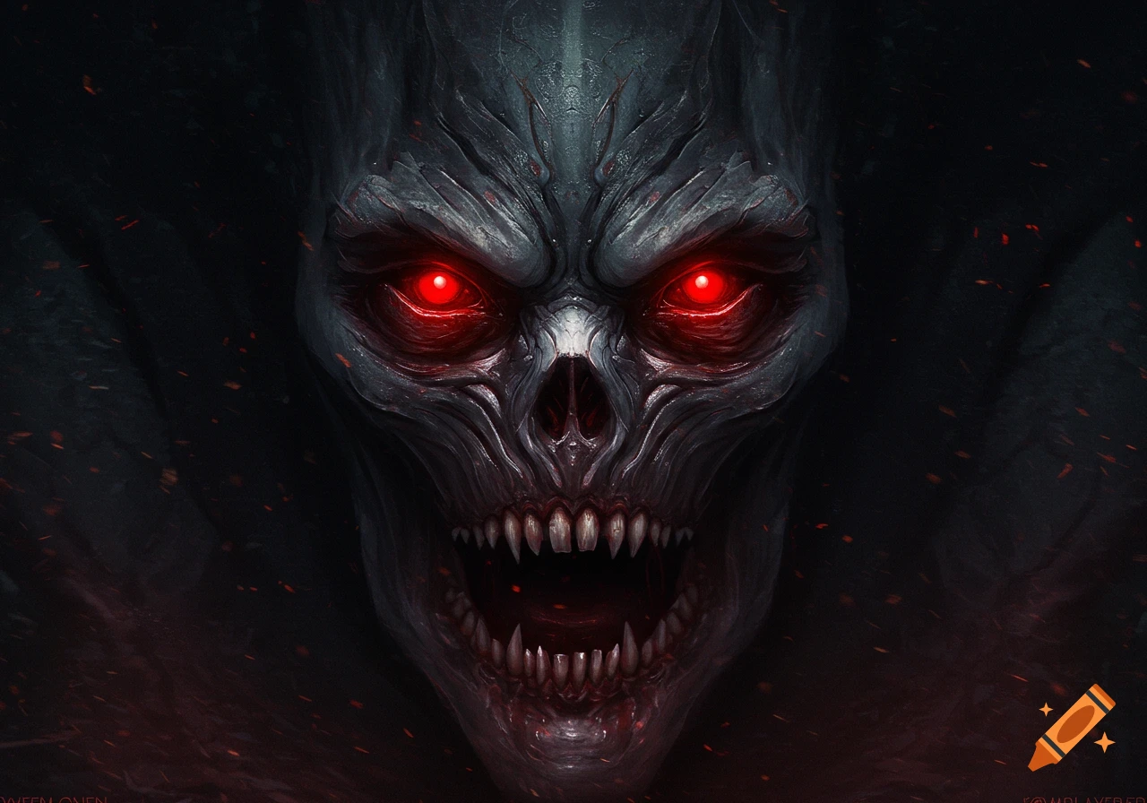 Close-up of a dark, monstrous face with glowing red eyes and sharp teeth. on Craiyon