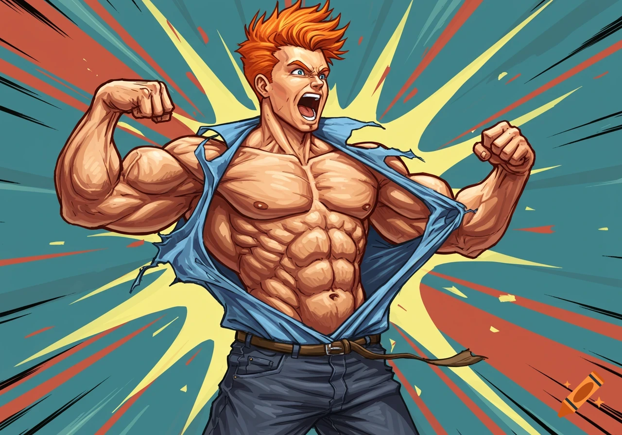 Comic book style illustration of a muscular man ripping his shirt off ...