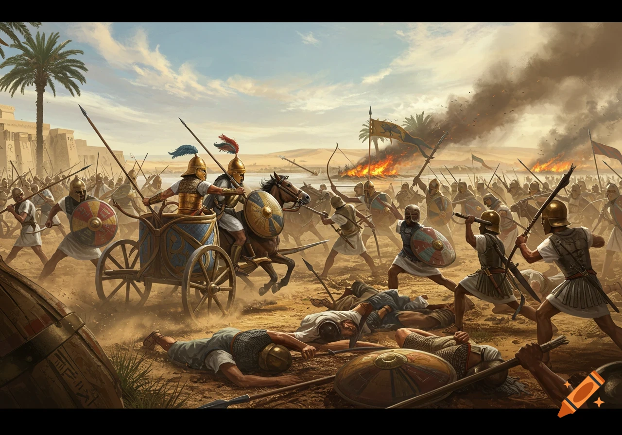 An ancient battle scene in the desert with soldiers fighting, a chariot ...