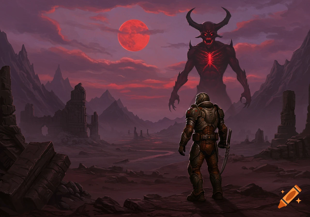 Futuristic soldier faces a giant demon under a red moon in a ruined ...