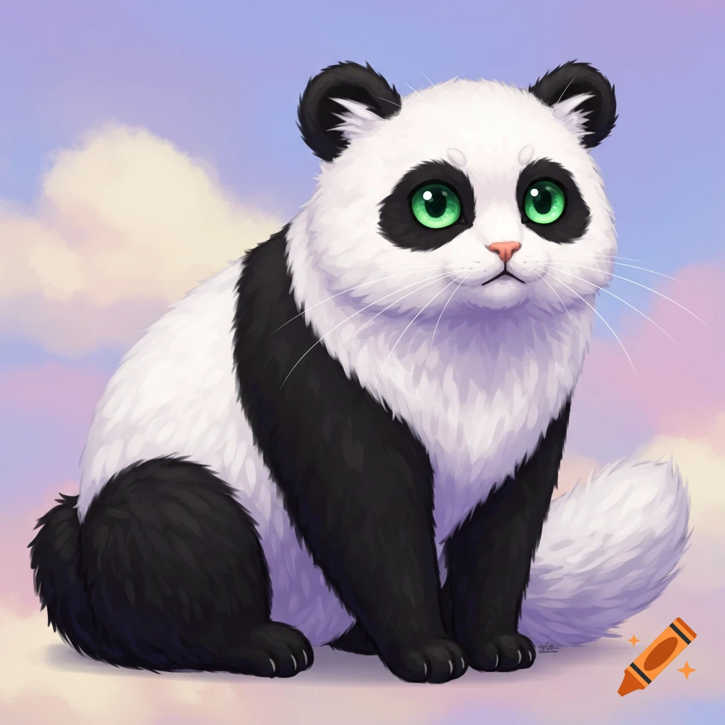 A fluffy cat with panda markings sits on clouds. on Craiyon