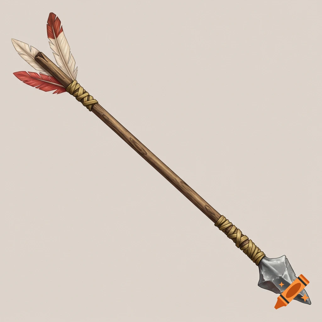 A homemade arrow with feather fletching and a stone arrowhead. on Craiyon