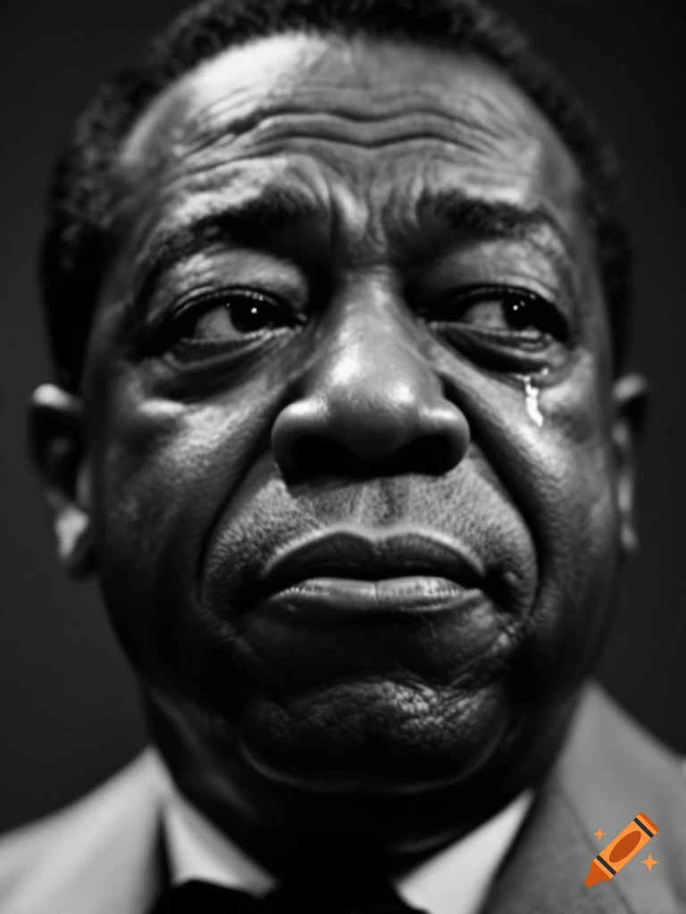 Black and white close-up portrait of Louis Armstrong with a tear ...