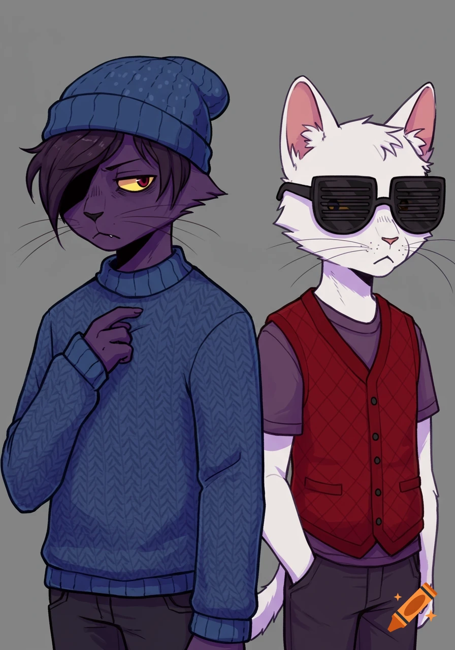Two cartoon anthropomorphic cats, one dark purple in a beanie and ...