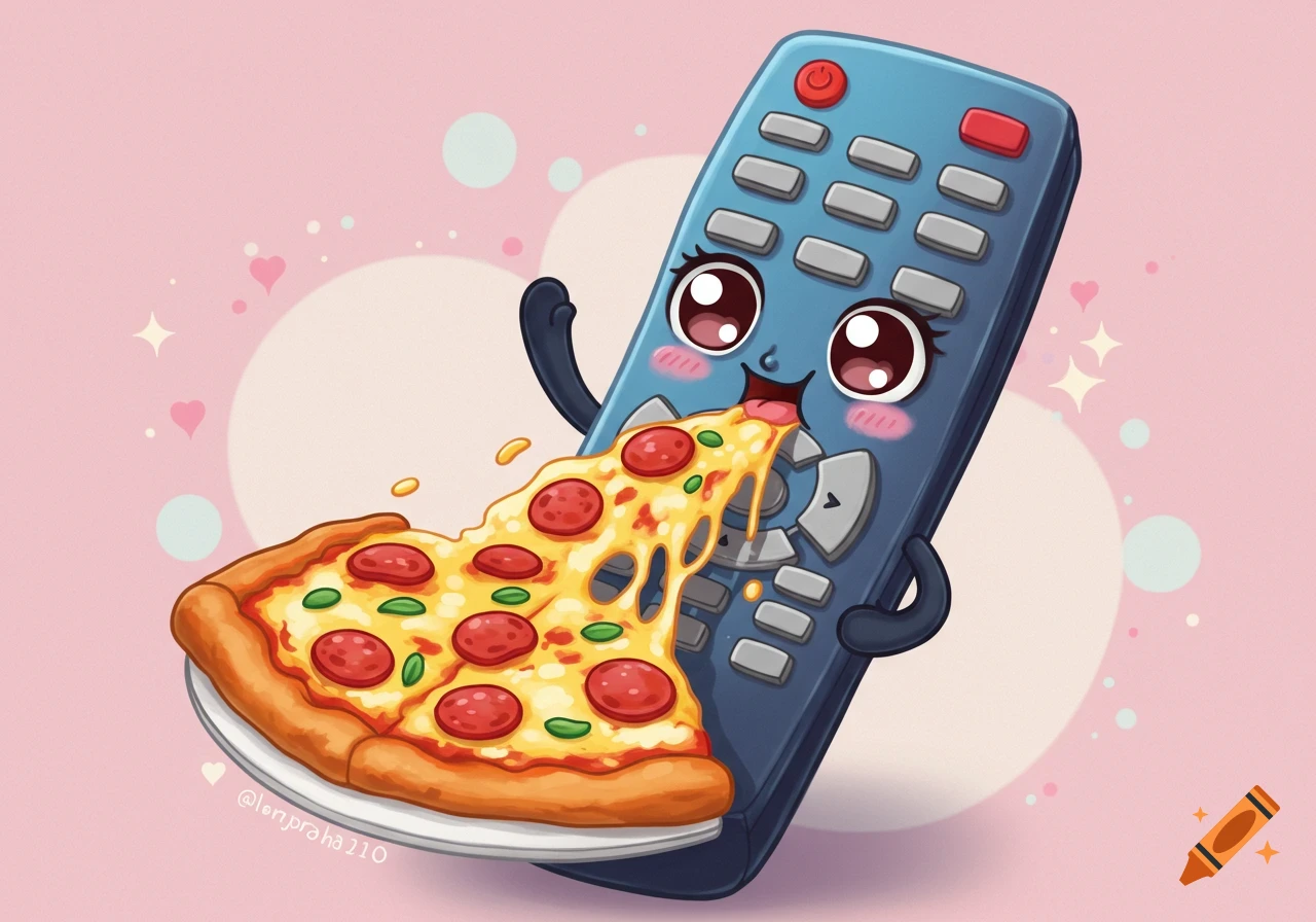 A cute cartoon TV remote eating a slice of pepperoni pizza. on Craiyon