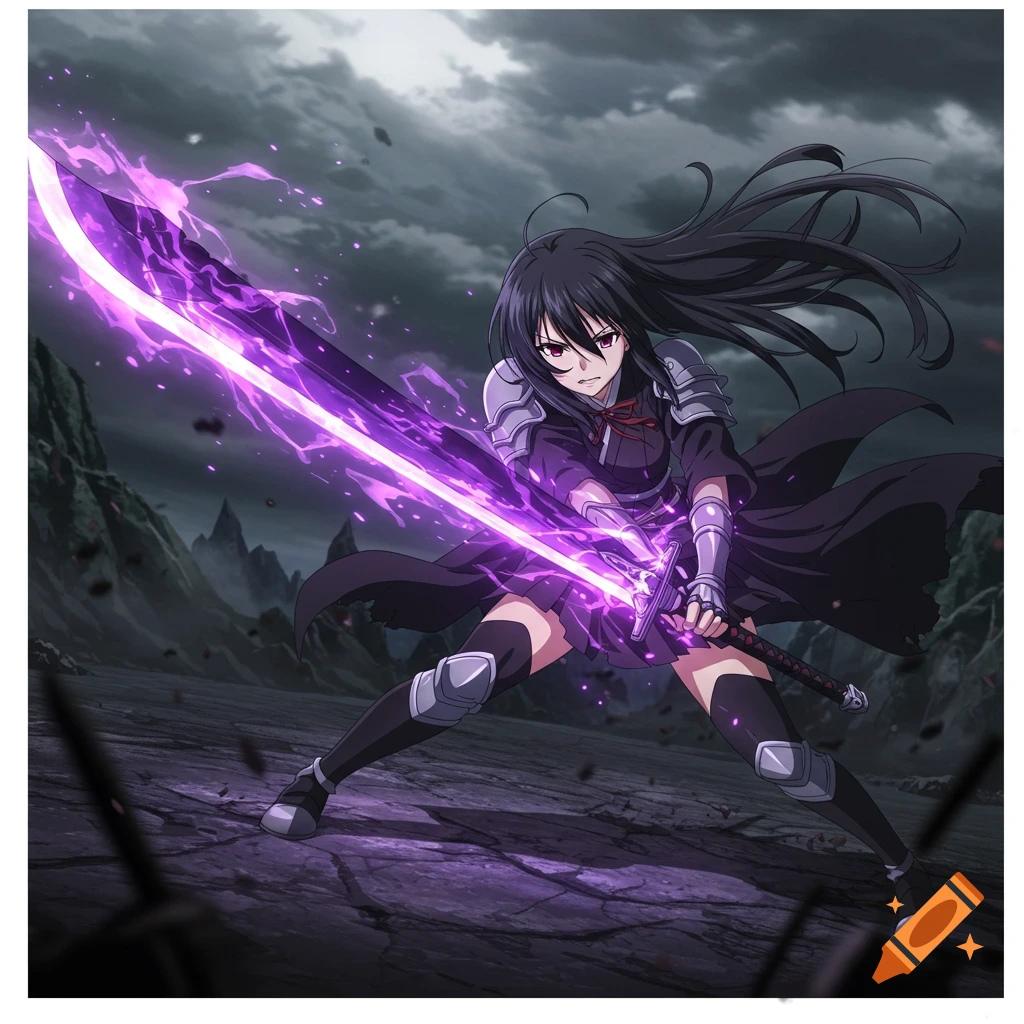 Anime girl with long black hair holding a glowing purple broadsword in ...