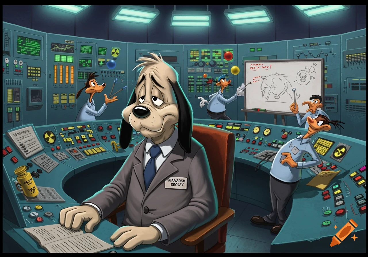 Cartoon of Droopy as a manager in a control room with employees fooling ...