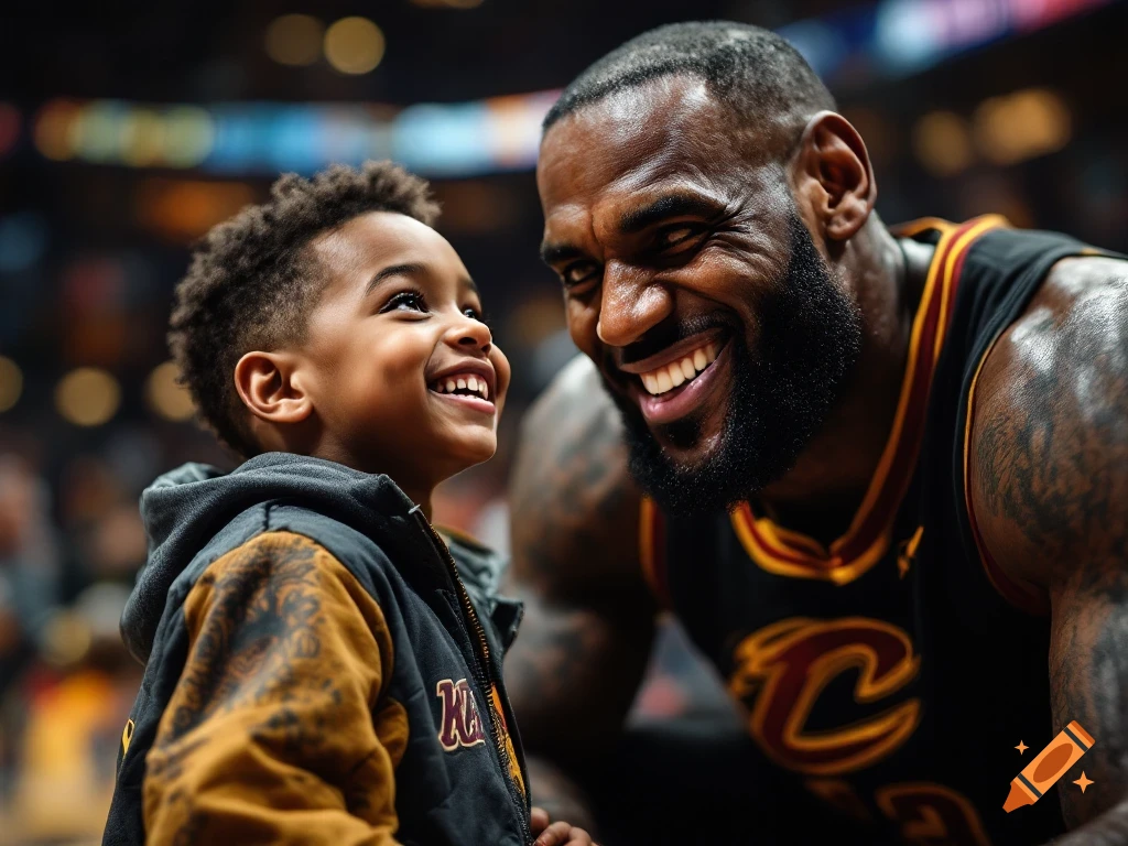 A young boy smiles up at a man resembling LeBron James in a basketball ...