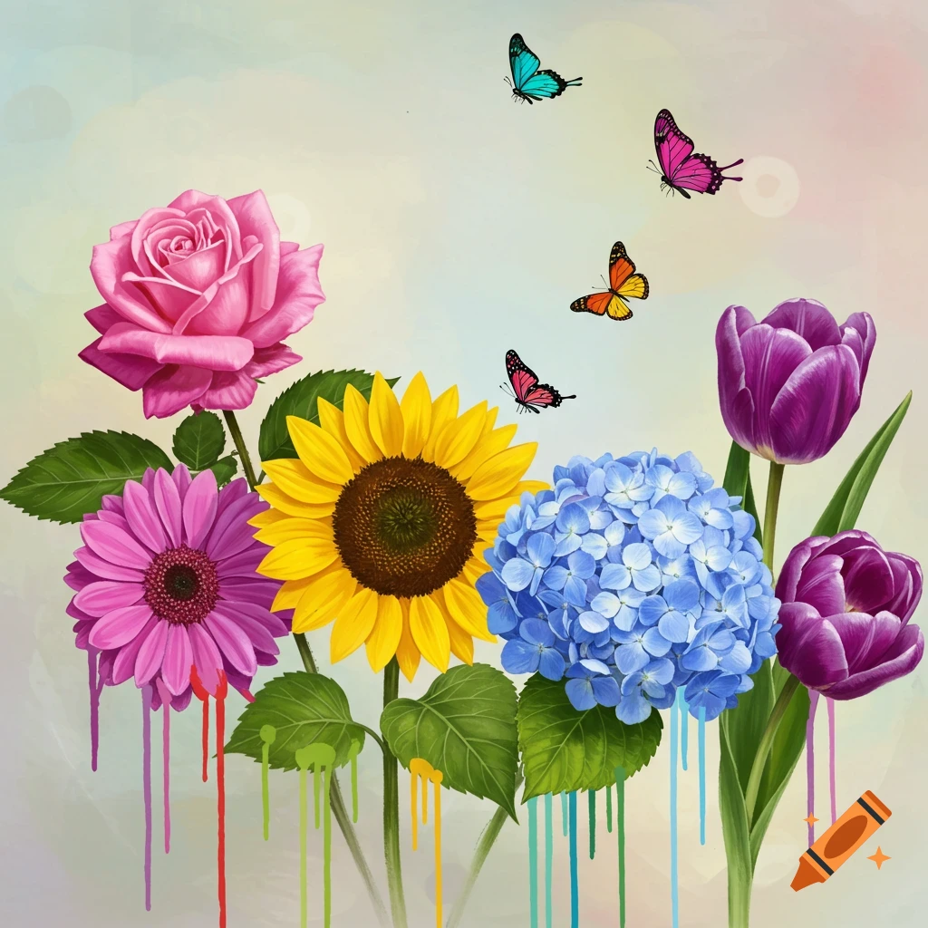 Colorful digital painting of flowers including a pink rose, yellow ...