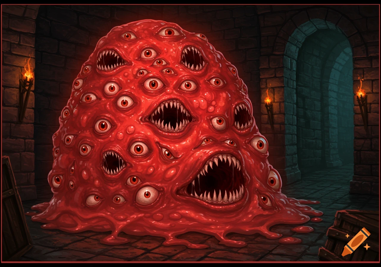 A monstrous red ooze creature covered in multiple eyes and mouths sits ...