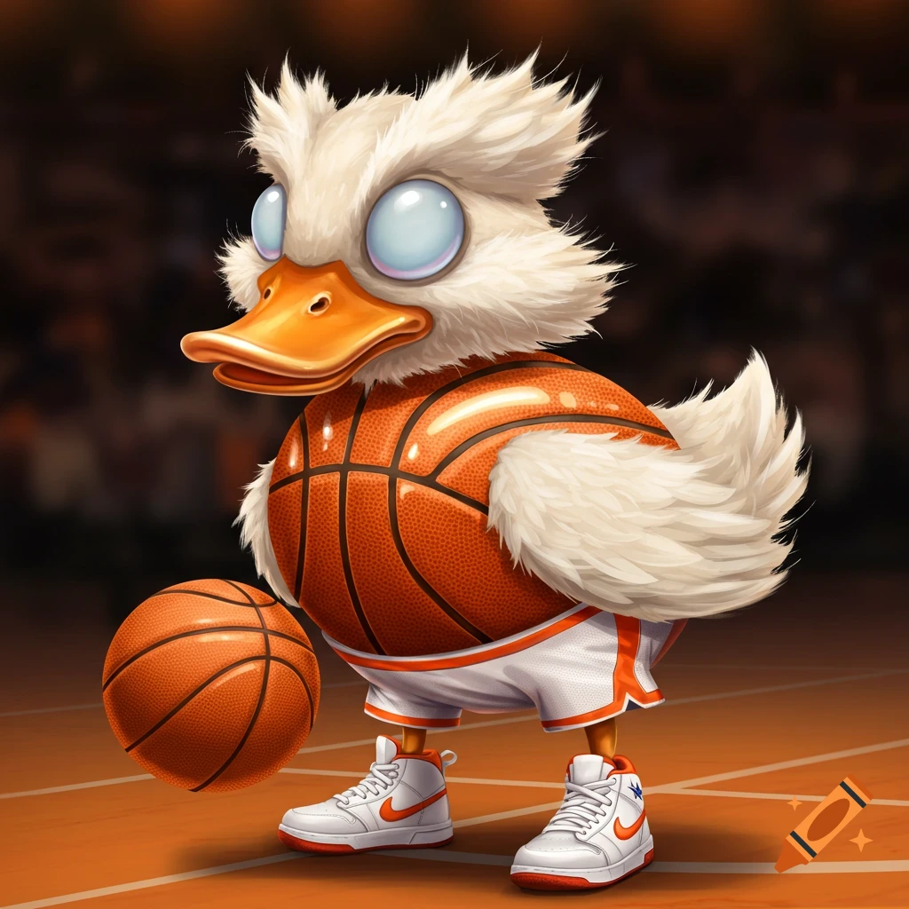 A cartoon duck with a basketball body stands on a basketball court with ...