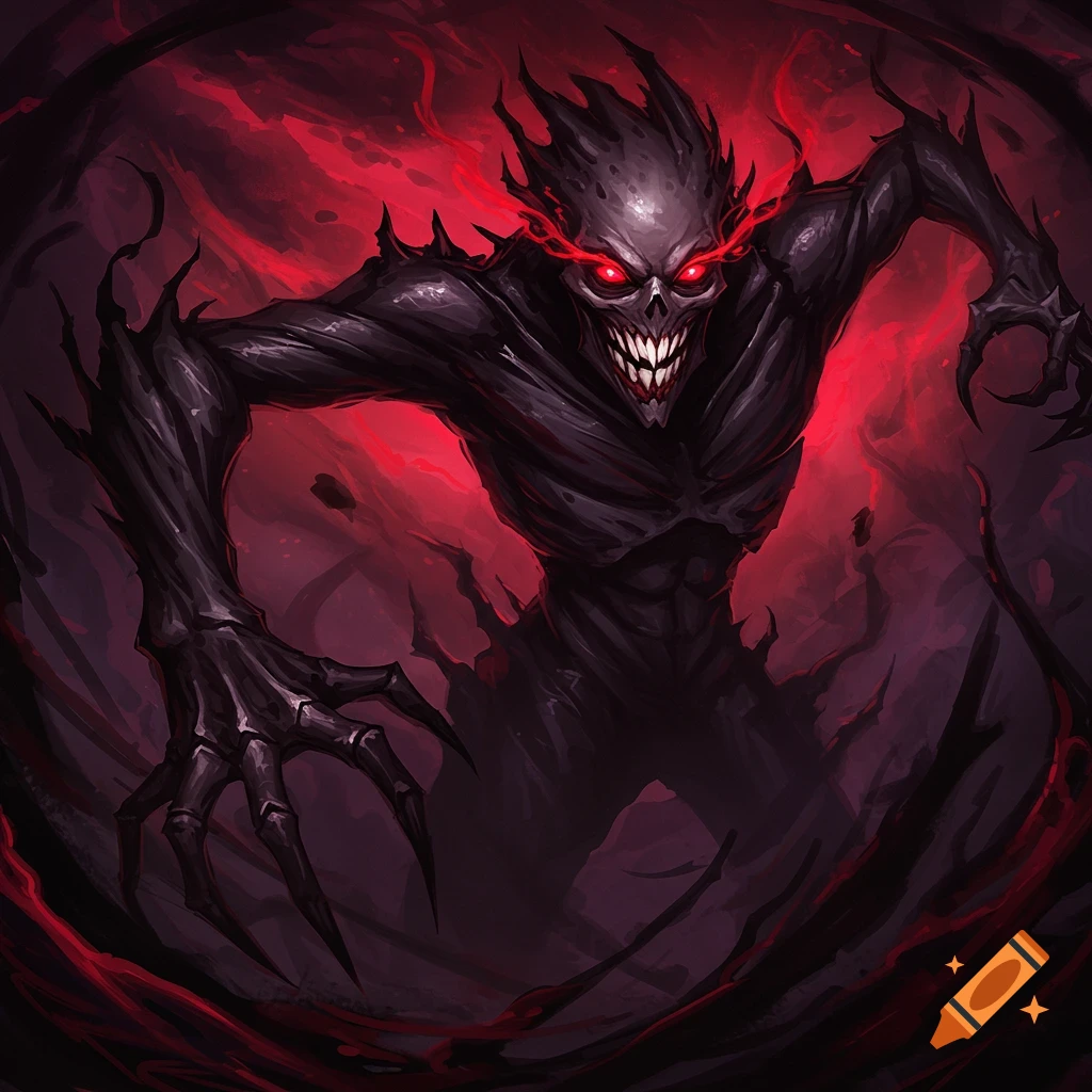 A dark fantasy monster with glowing red eyes and sharp teeth emerges ...