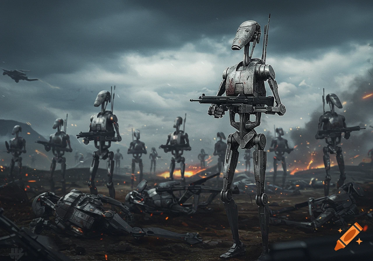 Robotic battle droids stand amidst fallen comrades on a battleground ...