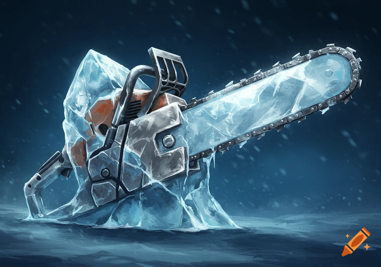 Digital painting of a chainsaw encased in ice in a snowy environment ...