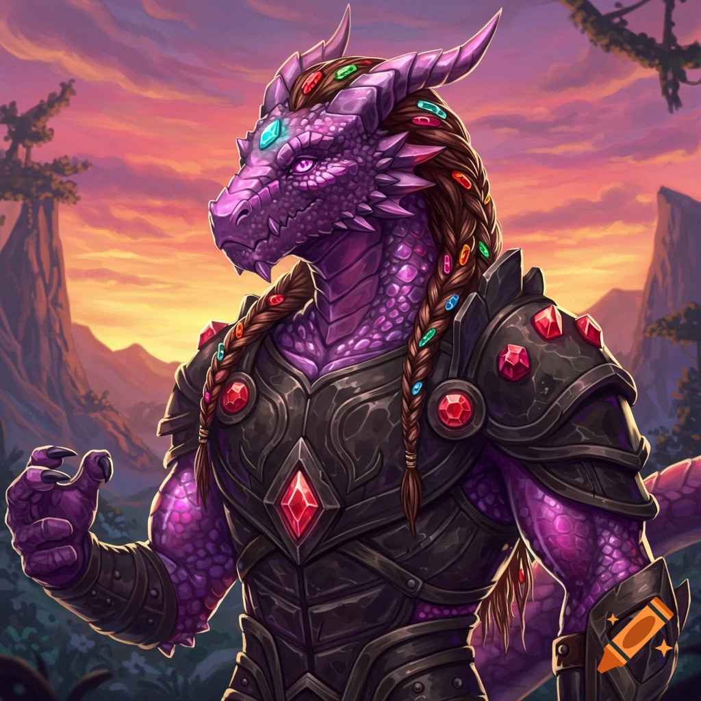 A purple dragonborn in armor adorned with gems stands before a sunset ...