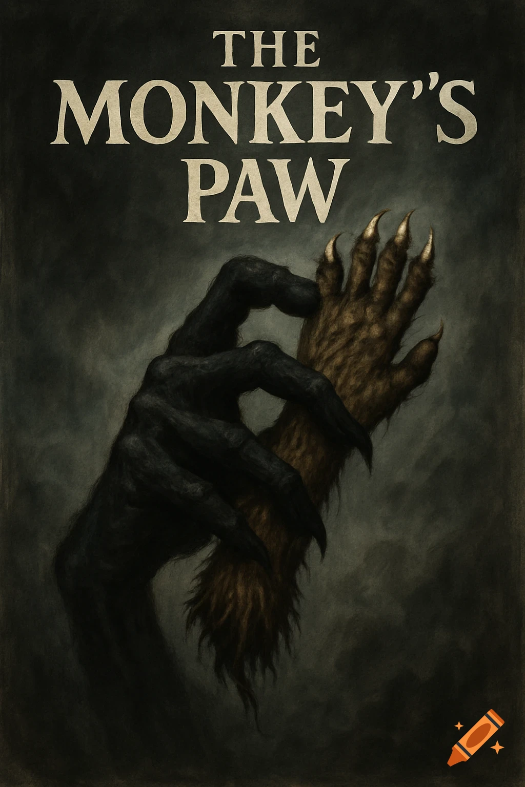 Illustration of a dark clawed hand holding a furry monkey's paw with sharp claws, title 'THE ...