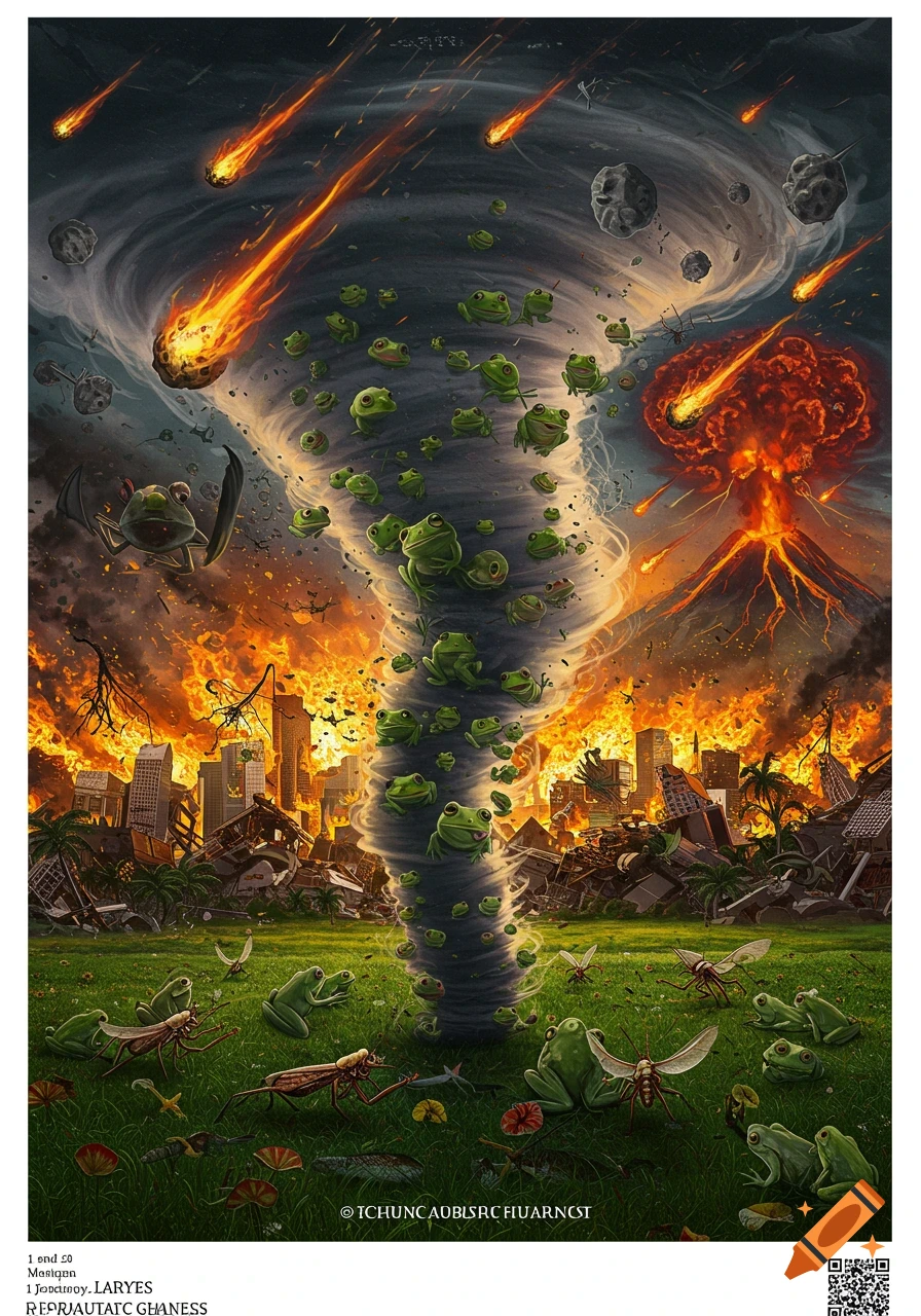 A fantasy tornado of frogs strikes a burning city under a meteorite ...