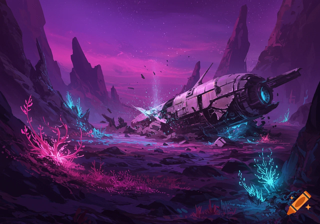Crashed spaceship on alien world with glowing plants under purple sky. Digital painting. on Craiyon