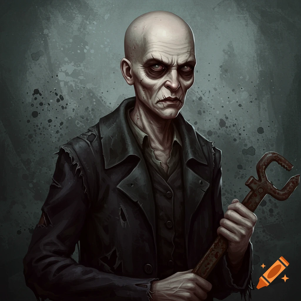 Creepy bald person with a wrench, illustration style on Craiyon