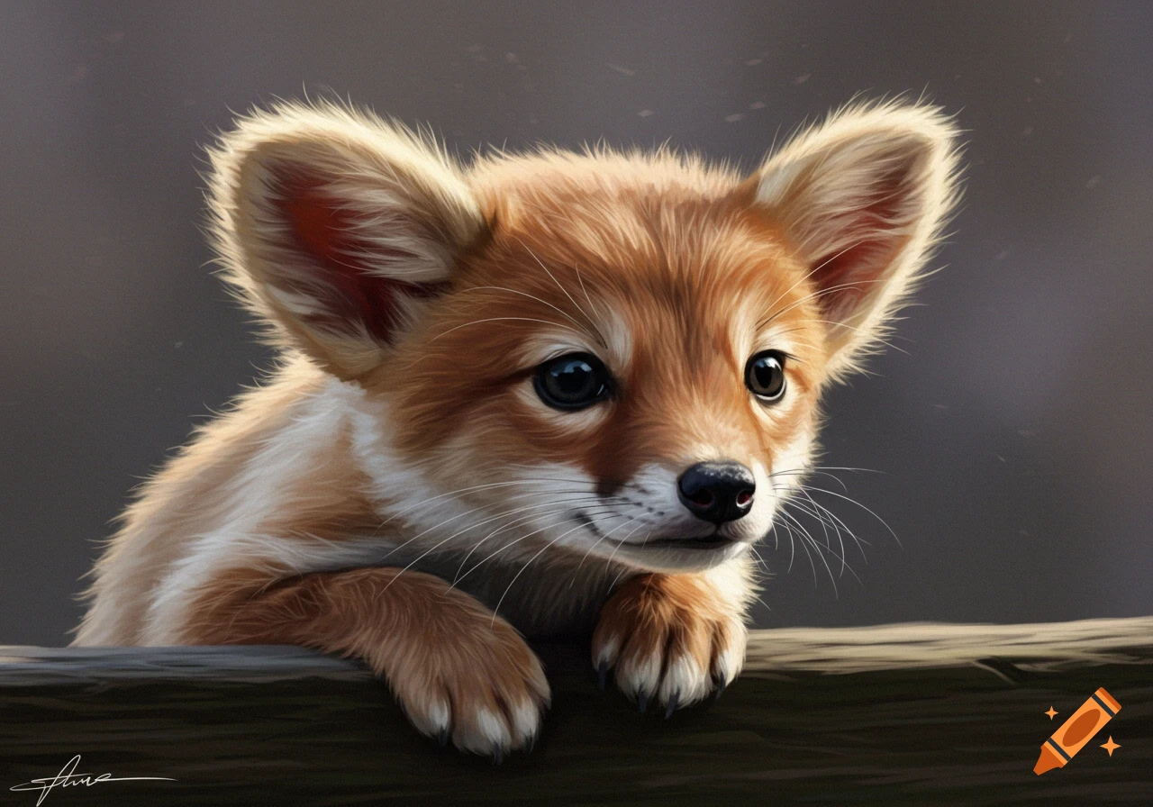 Cute fox cub with large ears peeking over a log, painted illustration ...