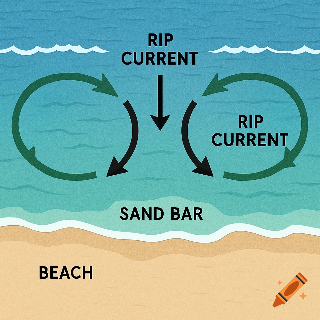 Diagram illustrating a rip current with labels for beach, sand bar, and ...