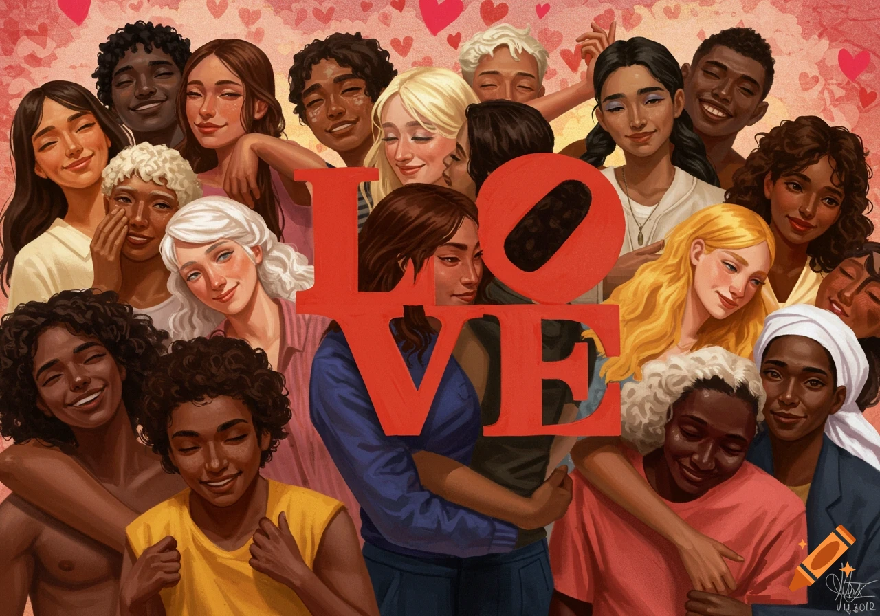 Illustration of a diverse group of people embracing, with large red ...